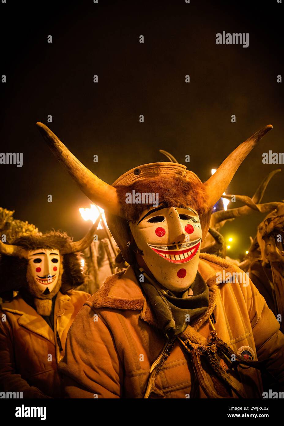 The Felos (carnival revellers of Maceda) wearing wooden masks and horns ...