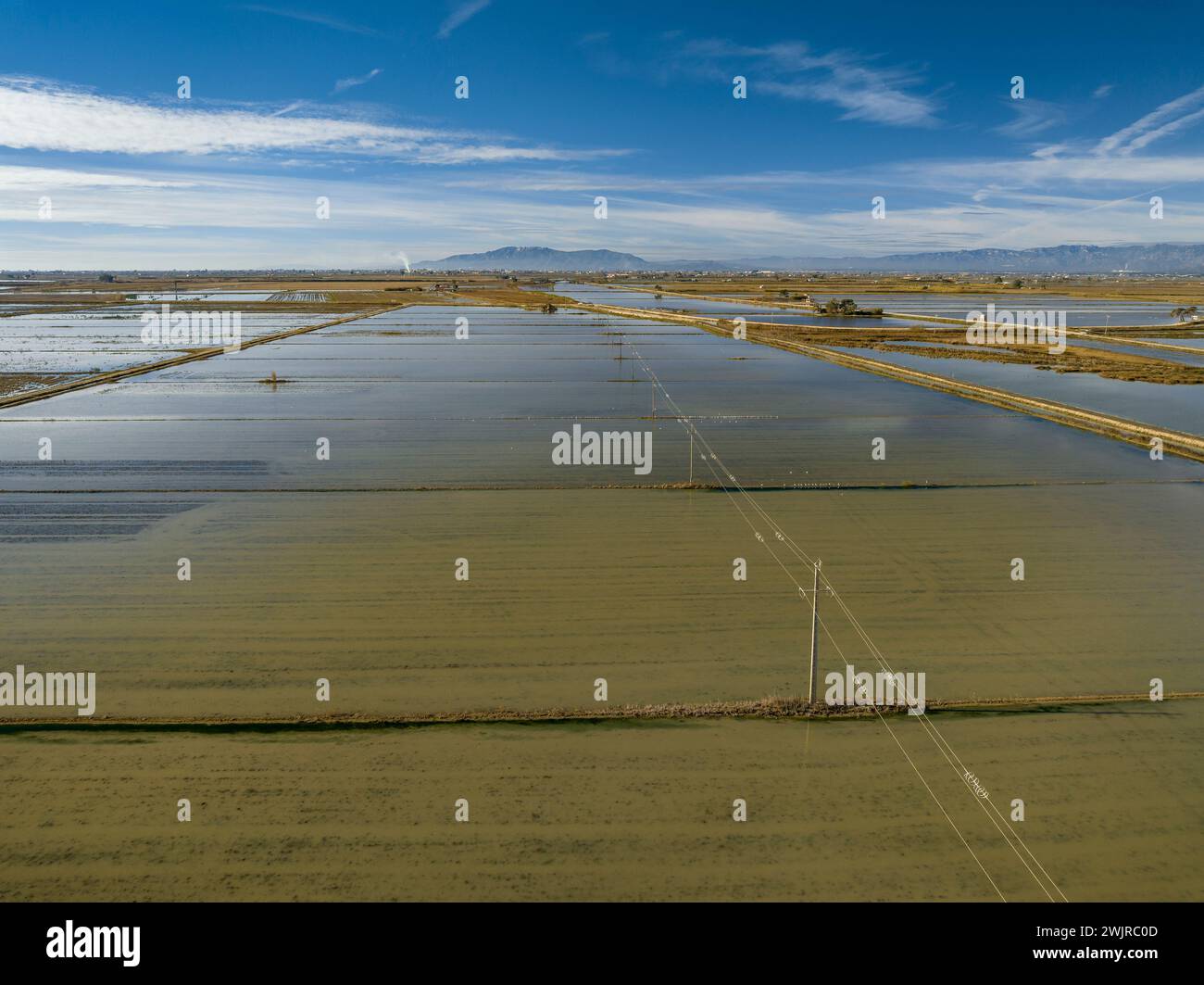 Aerial view of rice fields of the Ebro Delta covered with water in ...