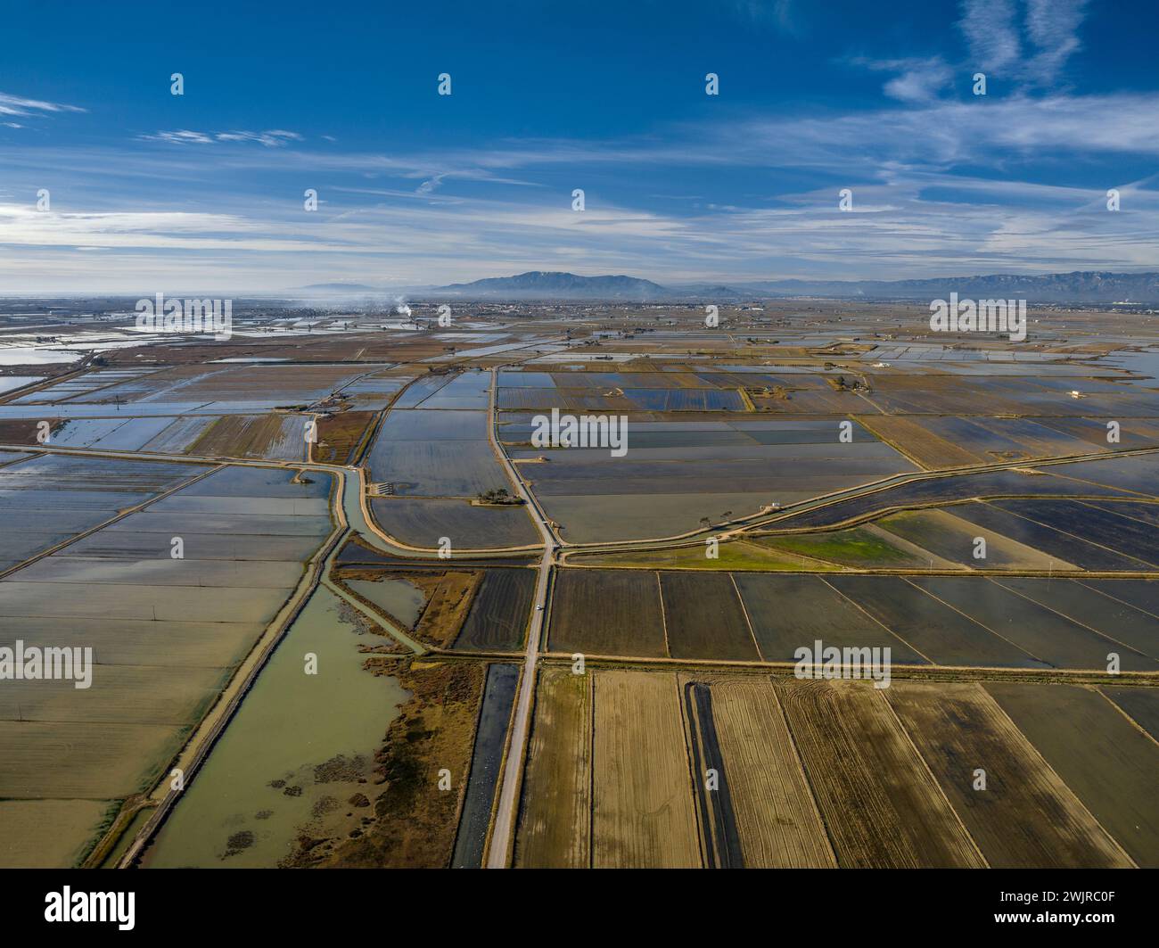 Aerial view of rice fields of the Ebro Delta covered with water in ...
