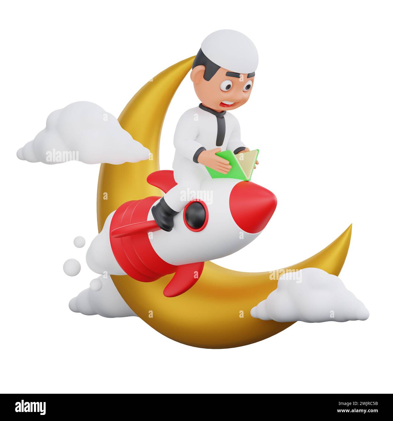 3D illustration of a cute Muslim boy reading the Quran while riding a ...