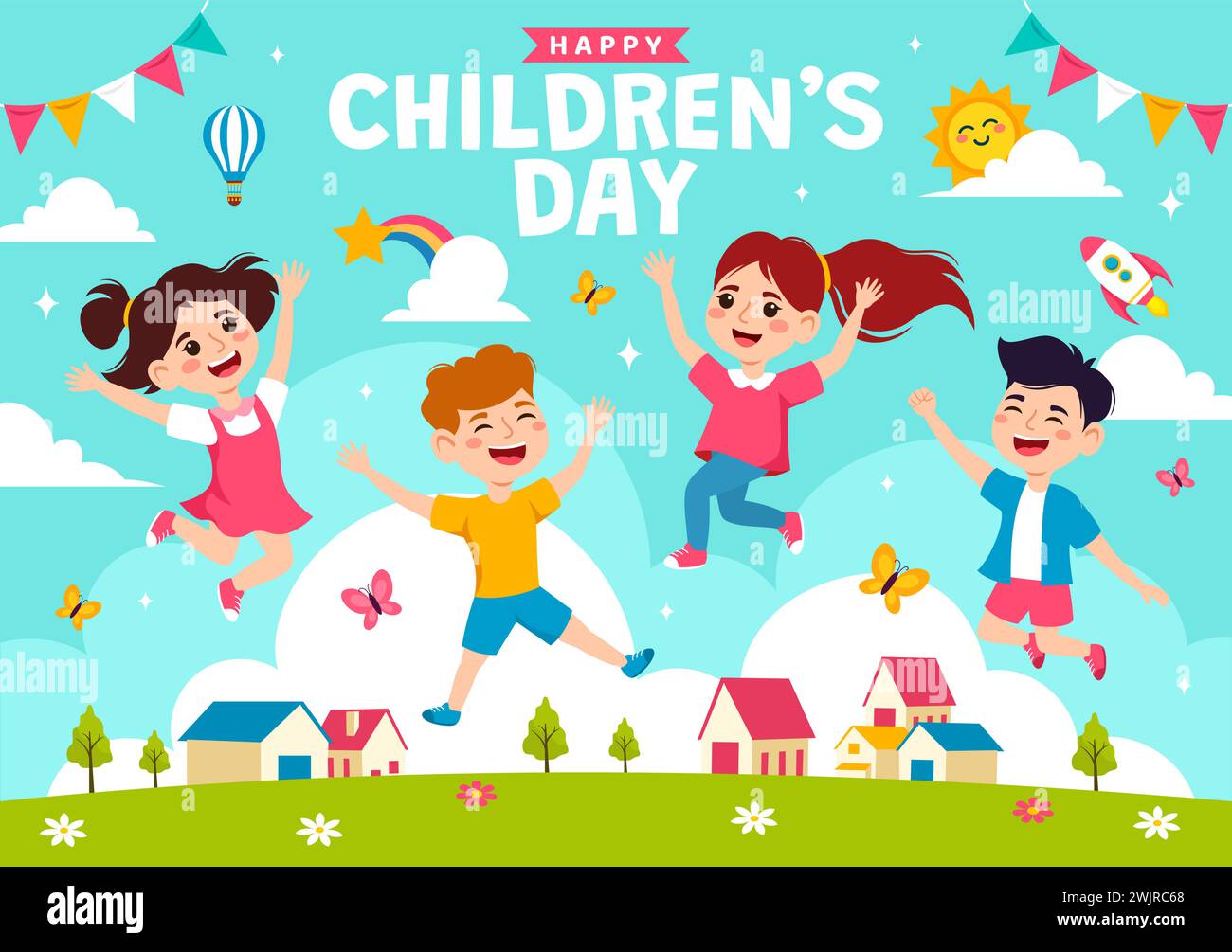 Happy Children's Day Vector Illustration with Kids Togetherness in ...