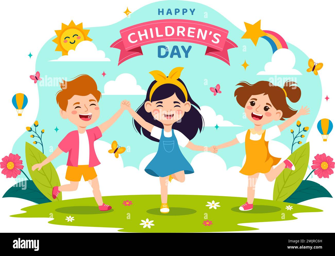 Happy Children's Day Vector Illustration with Kids Togetherness in ...