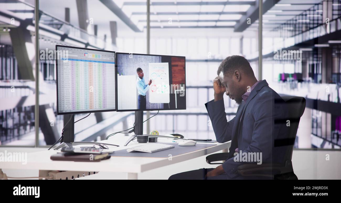 Bored Unhappy Man Watching Online Virtual Lecture Webinar Stock Photo ...