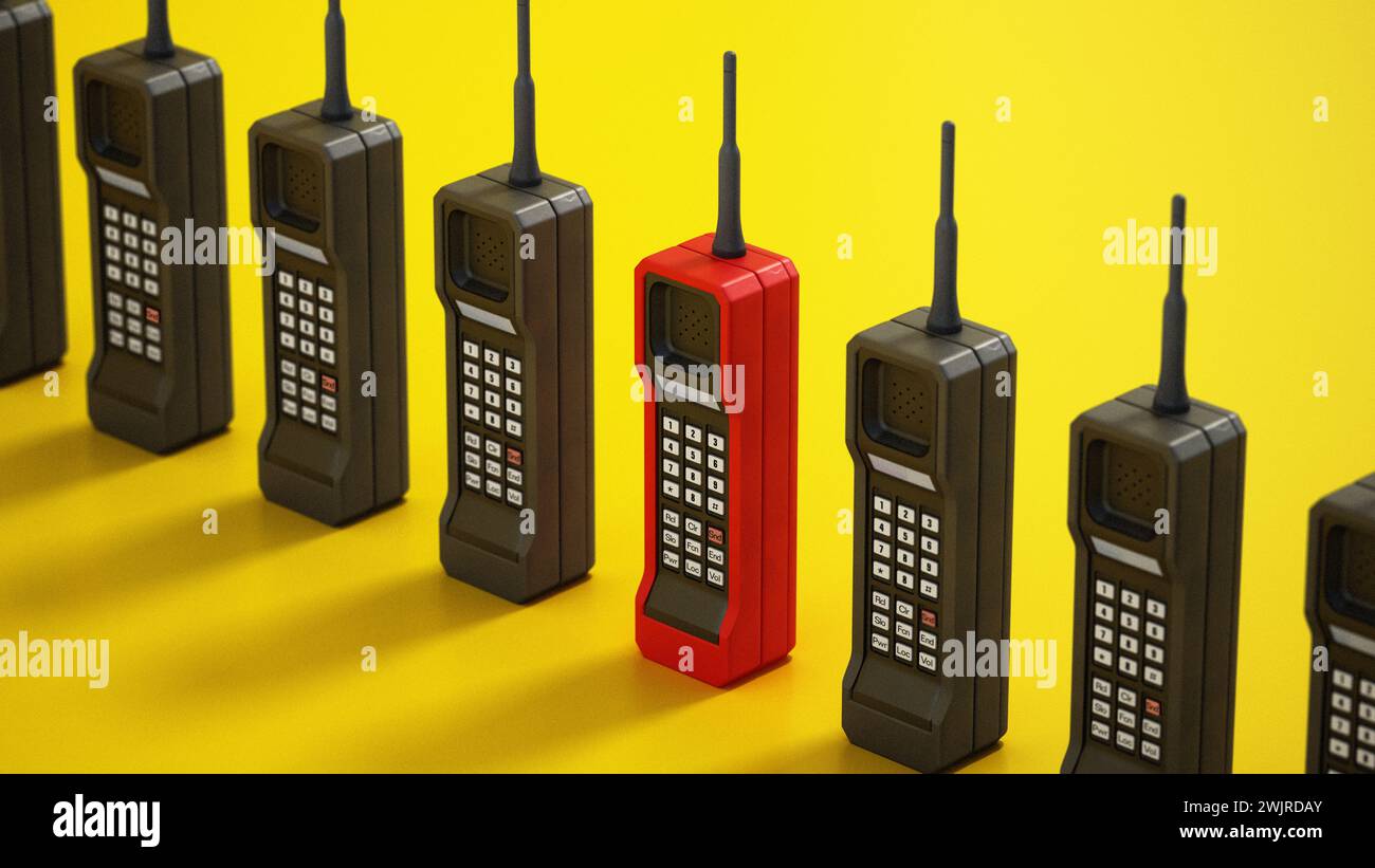 Retro red cellphone standing out among black cellphones. Choice concept ...