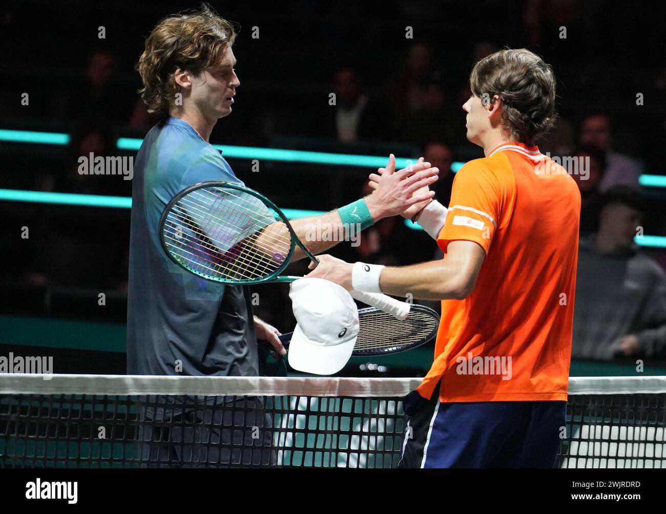 Rotterdam, Netherlands. 16th Feb, 2024. Andrey Rublev of Russia and Alex de Minaur of Australia ...