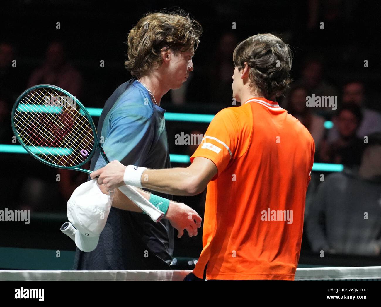 Rotterdam, Netherlands. 16th Feb, 2024. Andrey Rublev of Russia and Alex de Minaur of Australia ...