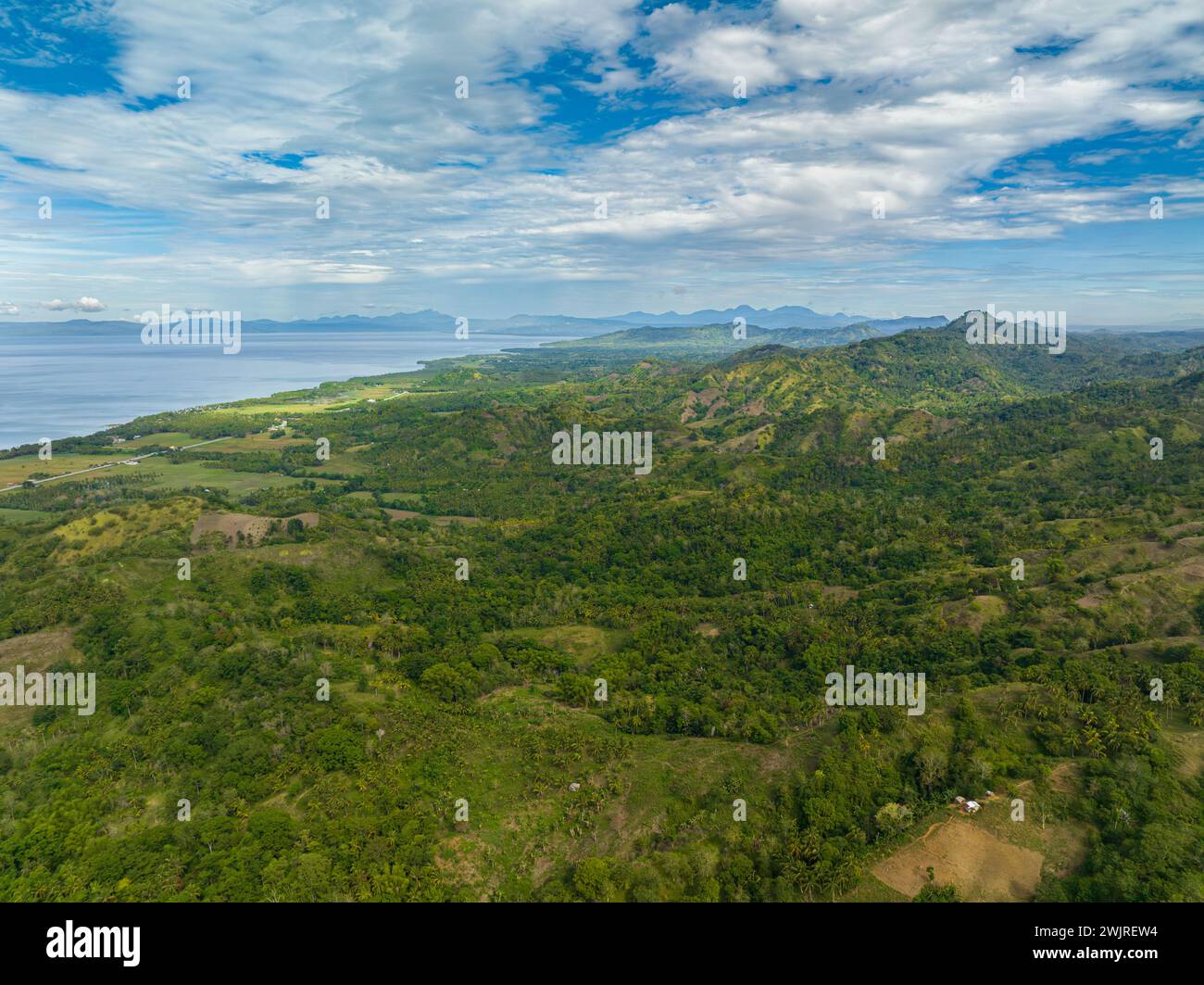 Aerial view of Mountains covered rainforest, trees and blue sky with ...
