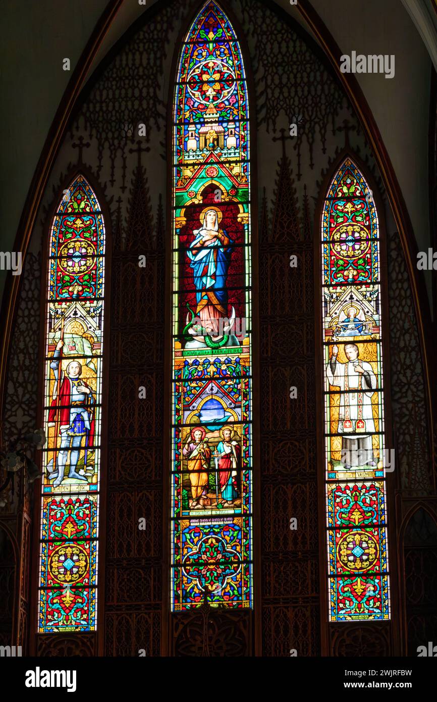 Stained glass windows in the interior of St. Joseph in Hanoi ...