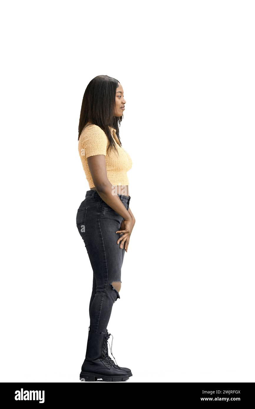 A woman, on a white background, in full height Stock Photo - Alamy