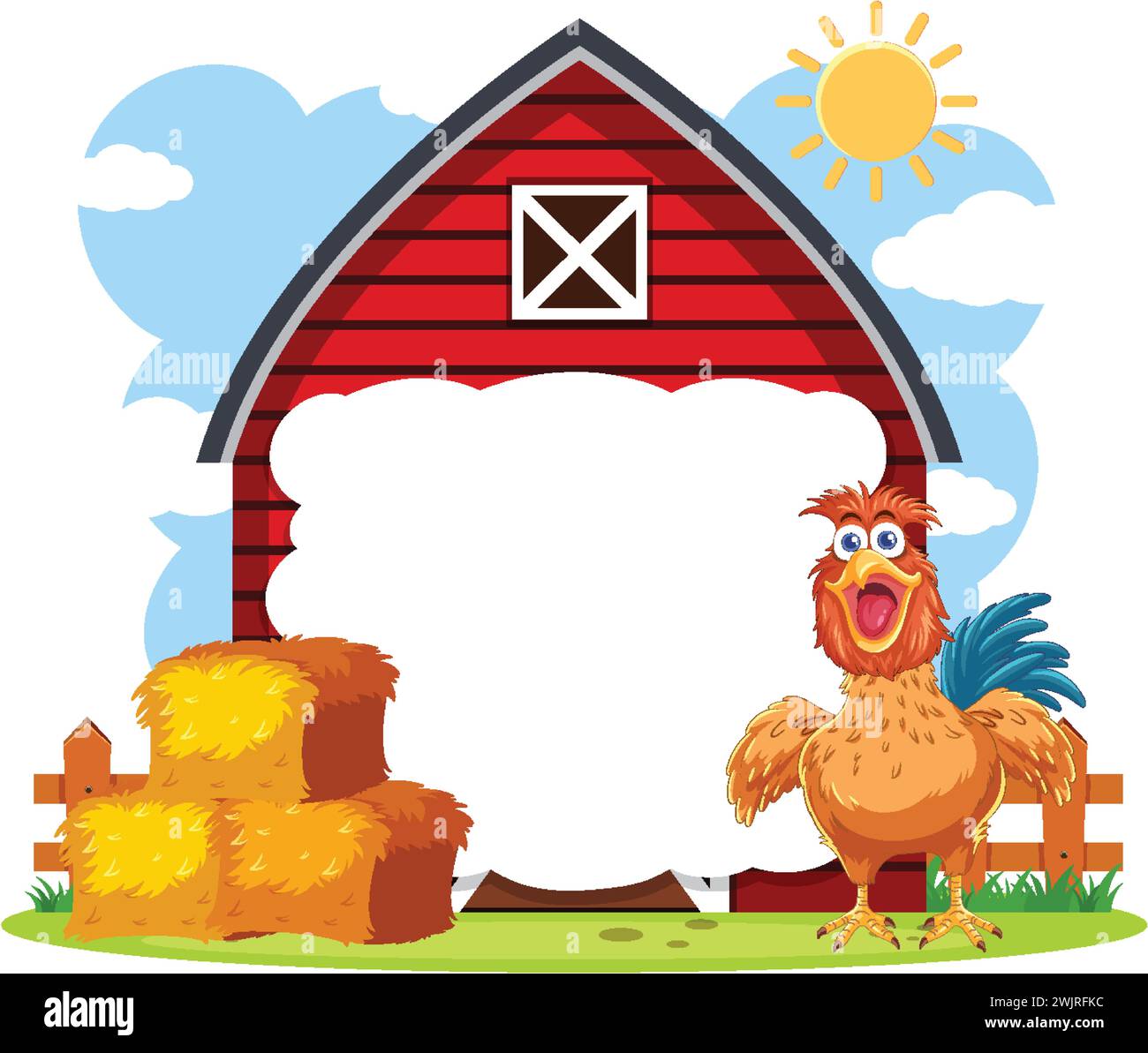 Colorful barnyard illustration with a happy rooster Stock Vector Image ...