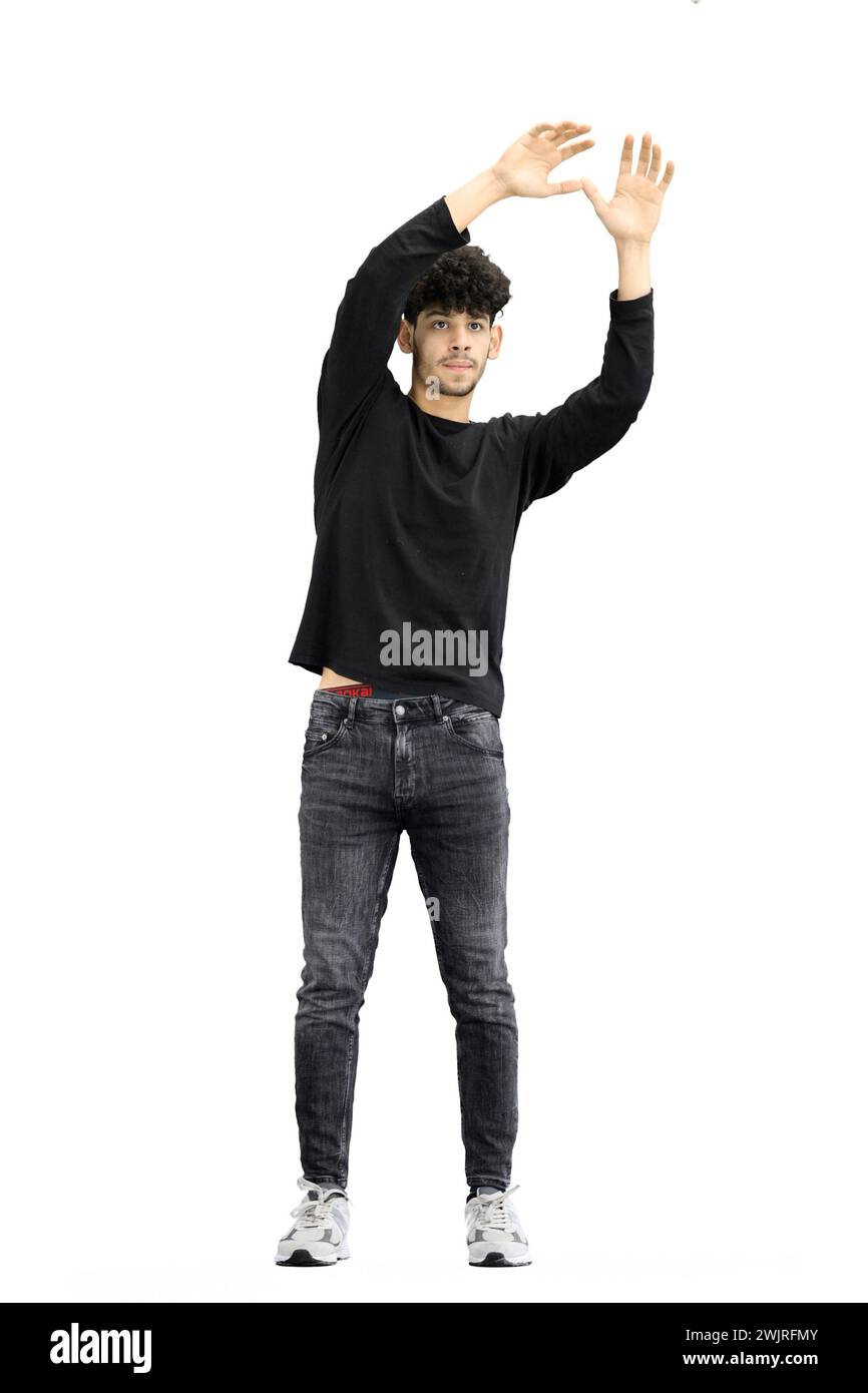A man, on a white background, in full height, waving his arms Stock ...