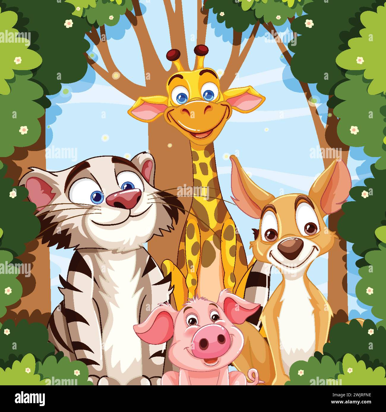 Cartoon animals smiling together in the woods Stock Vector Image & Art ...