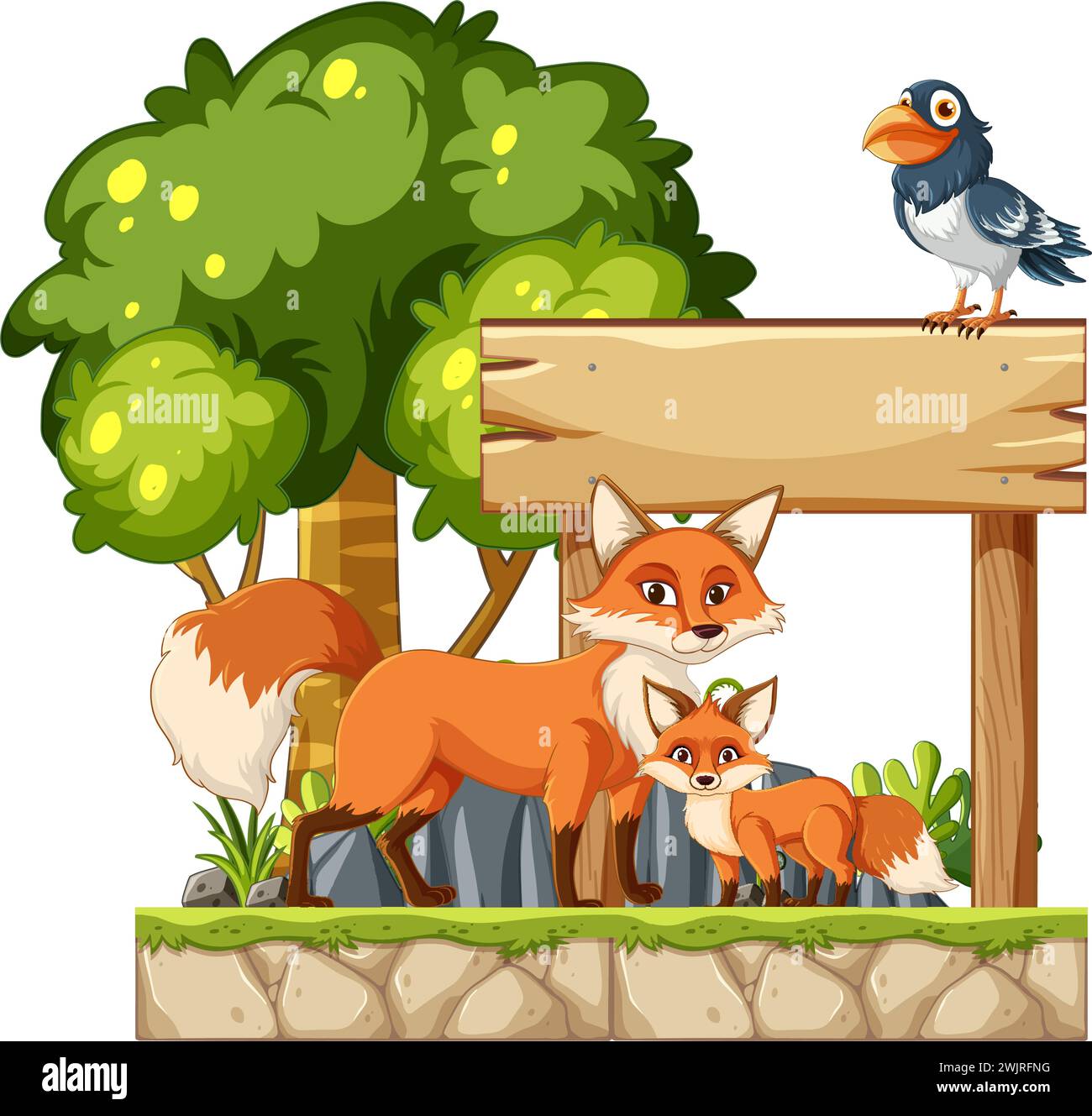 Illustration of foxes and bird near wooden sign Stock Vector Image ...