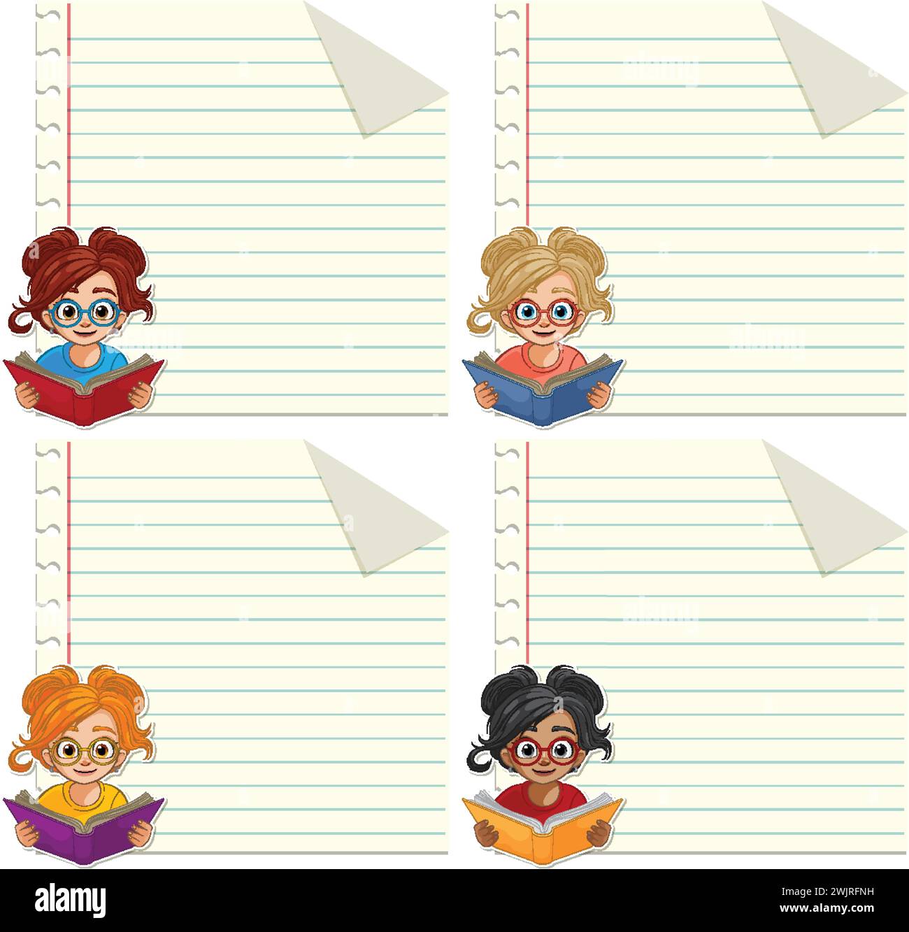 Four cartoon kids reading on lined paper background Stock Vector Image ...