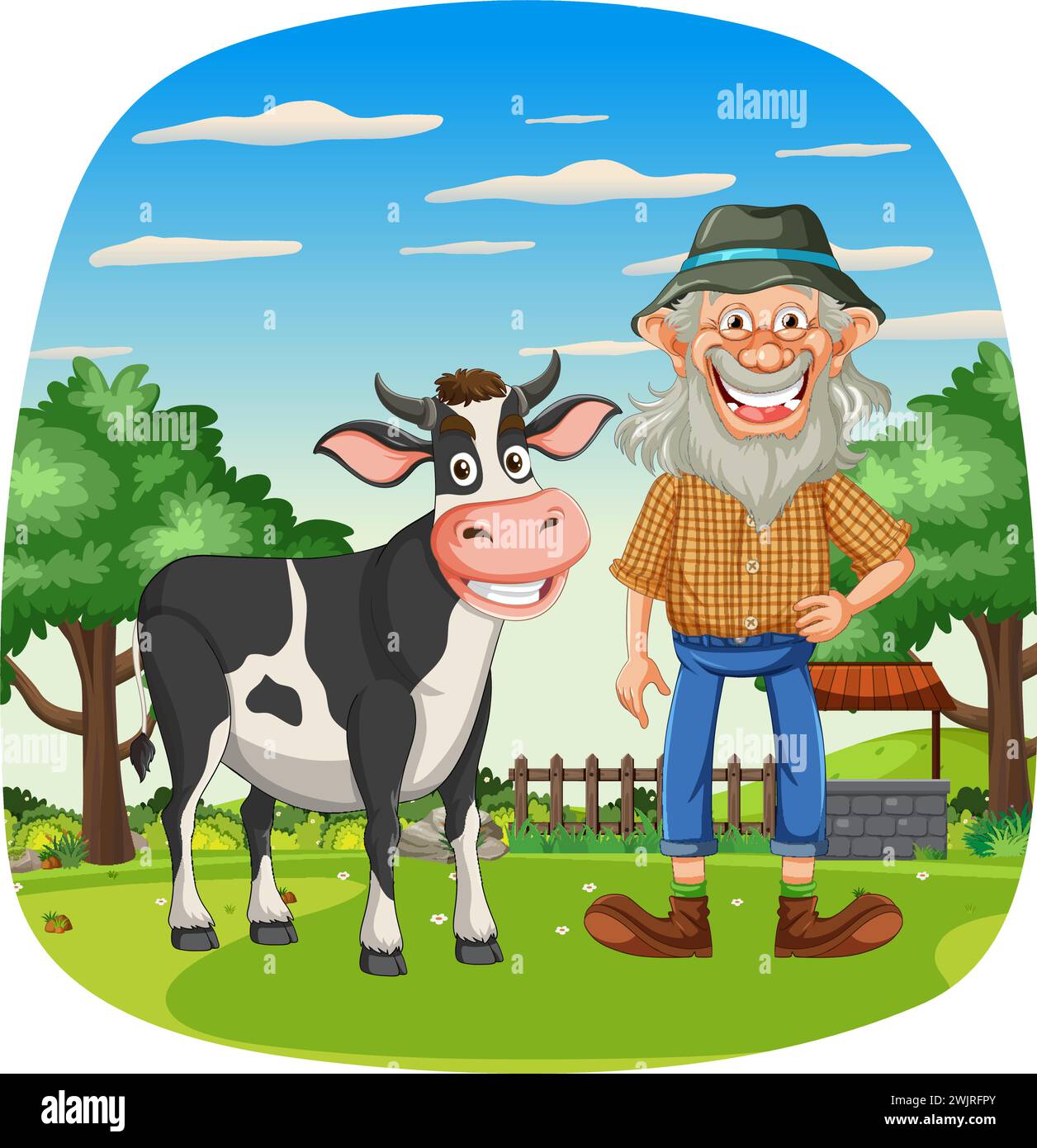 Cartoon of a smiling farmer standing with a cow Stock Vector Image ...