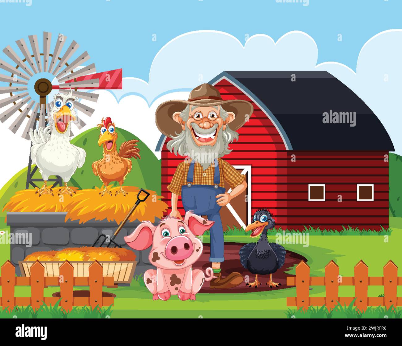 Cartoon farmer with animals in front of barn Stock Vector Image & Art ...