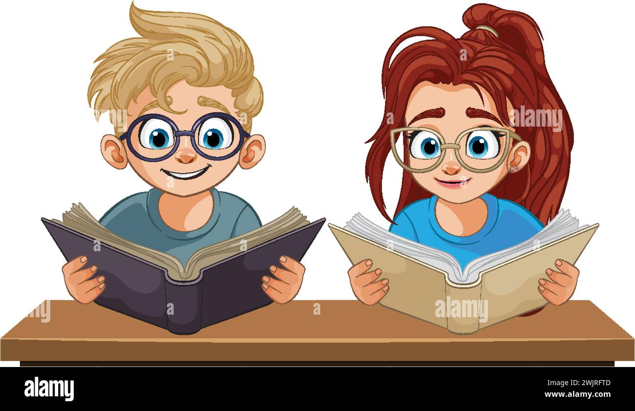 Two cartoon kids reading books at a table Stock Vector Image & Art - Alamy
