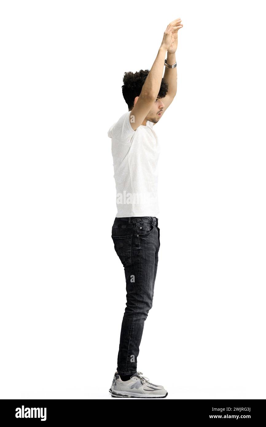 A man, on a white background, in full height, waving his arms Stock ...