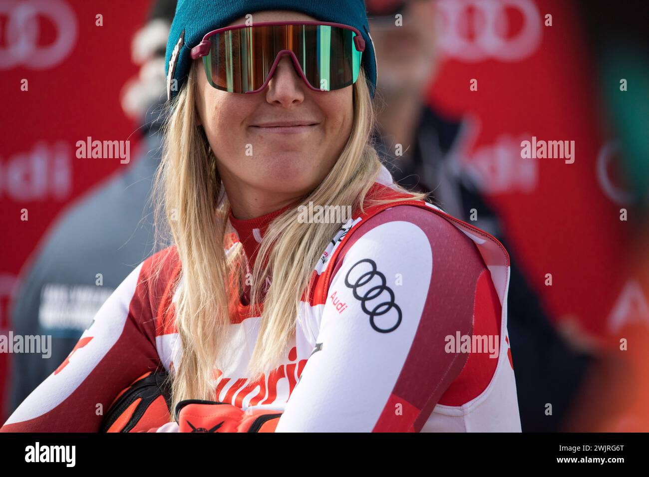 Austrian skiler Cornelia Huetter in the finish area after first day of ...