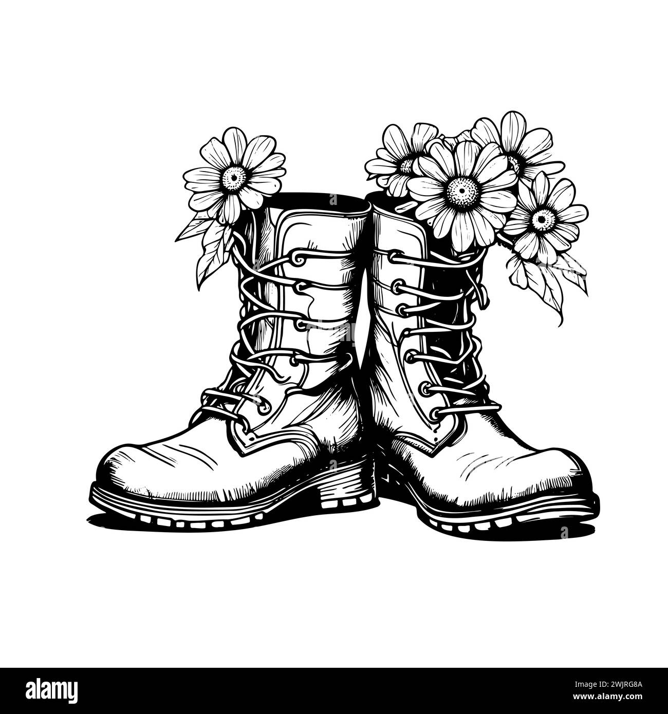Sketch boots with Flowers isolated on white background. Sketch hand ...