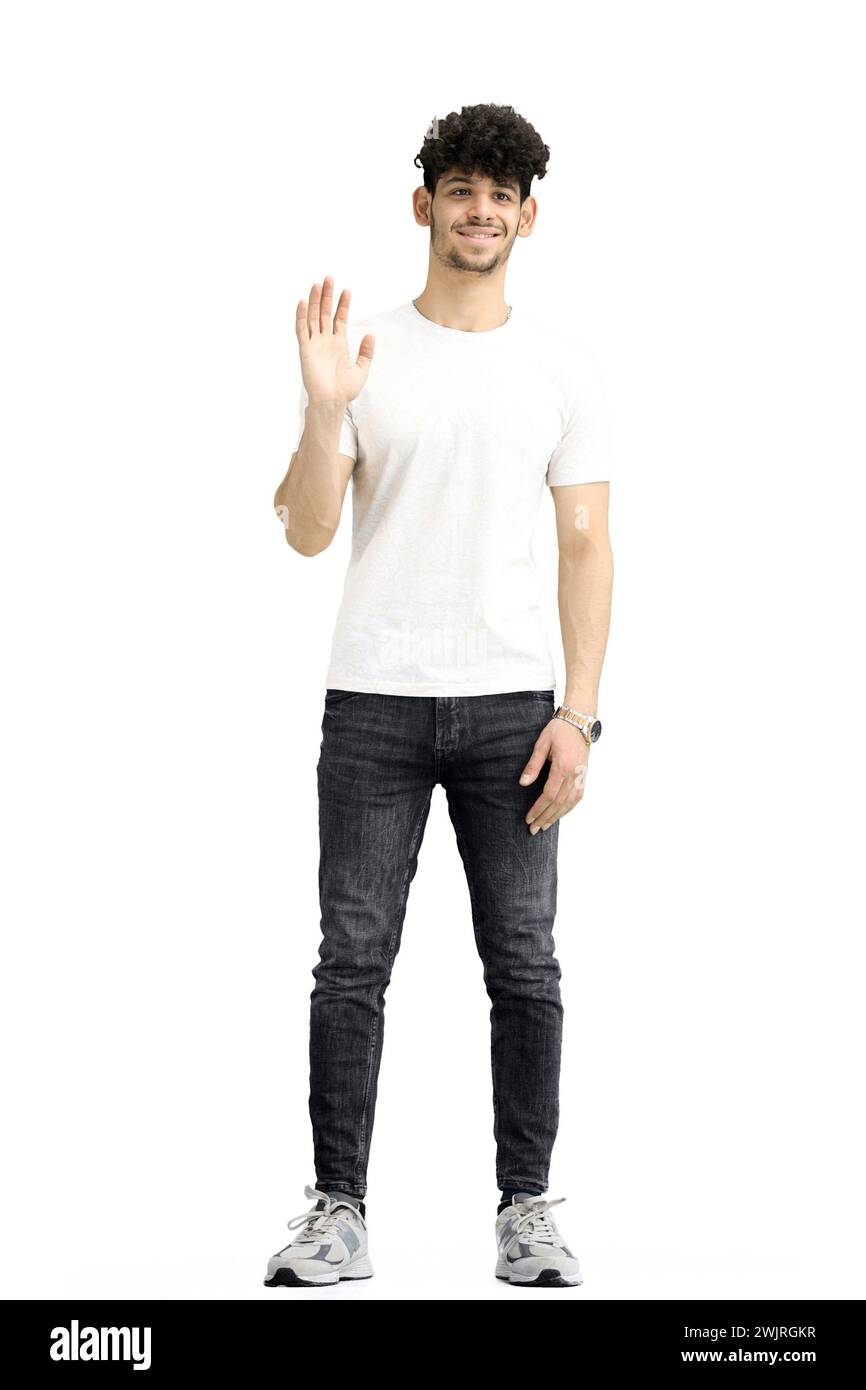 Cheerful man waving hand pointing hi-res stock photography and images ...