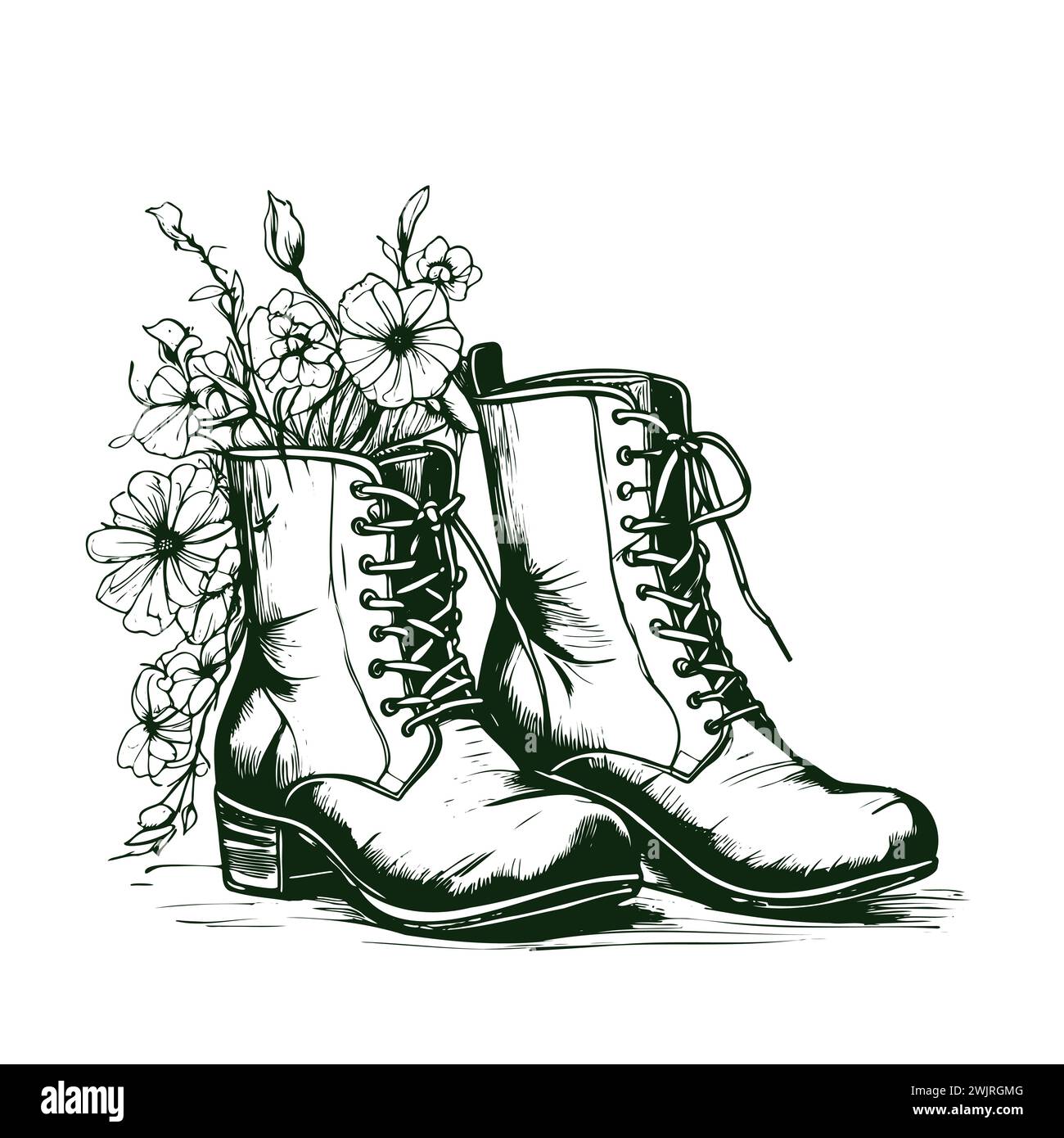 Sketch boots with Flowers isolated on white background. Sketch hand ...