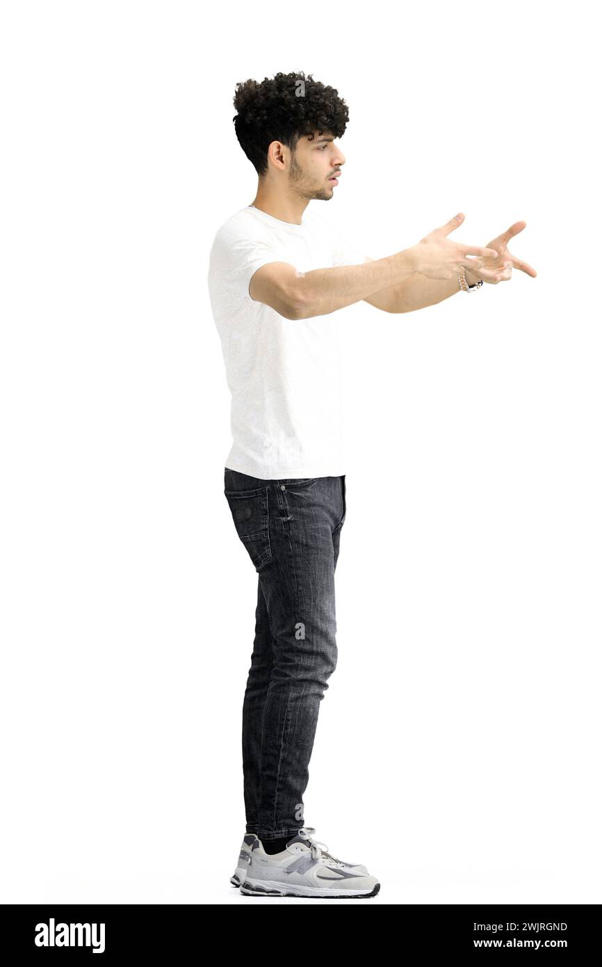 A man, on a white background, in full height, gestures Stock Photo - Alamy
