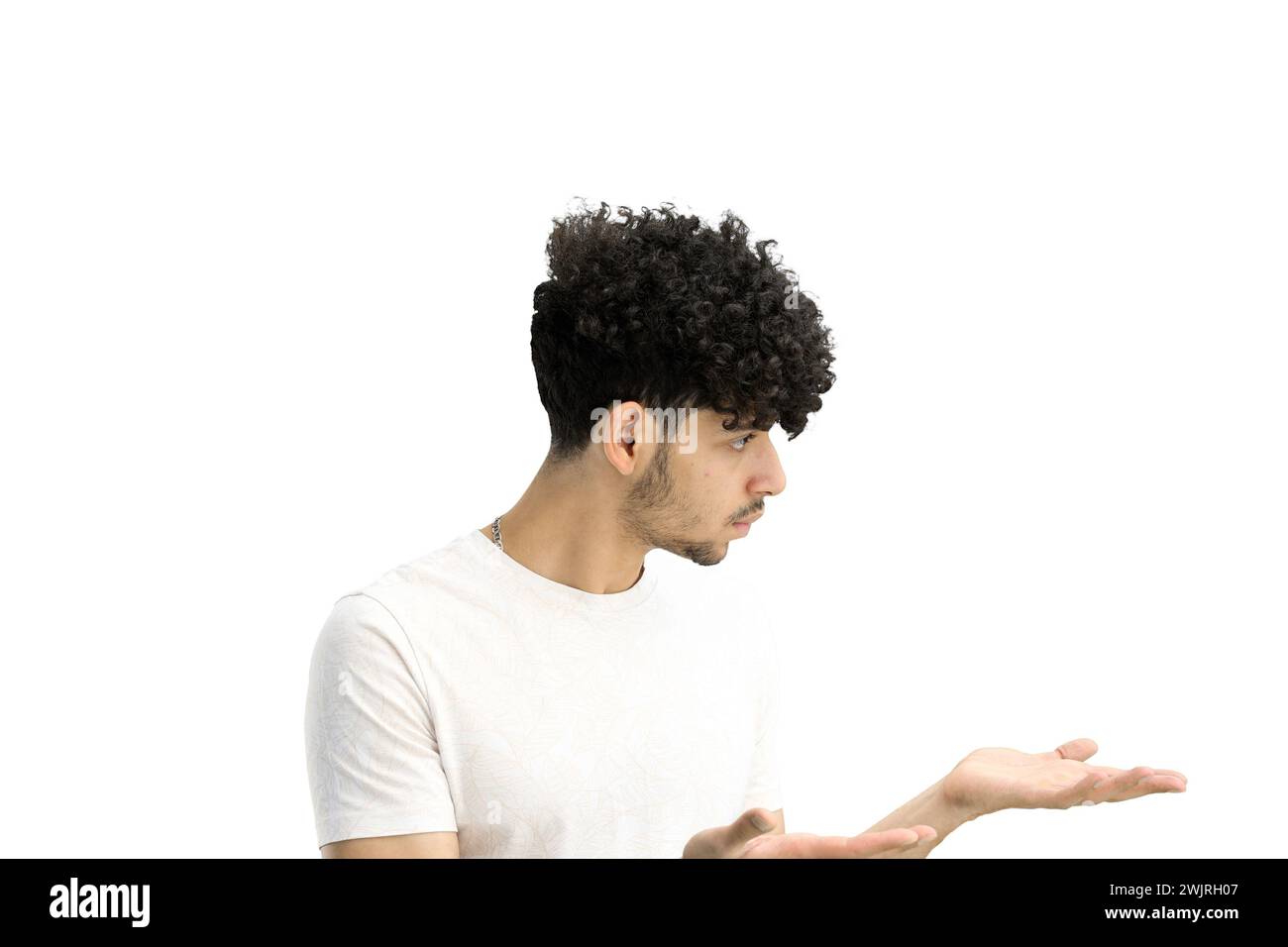 A man, on a white background, in close-up, points to the side Stock ...