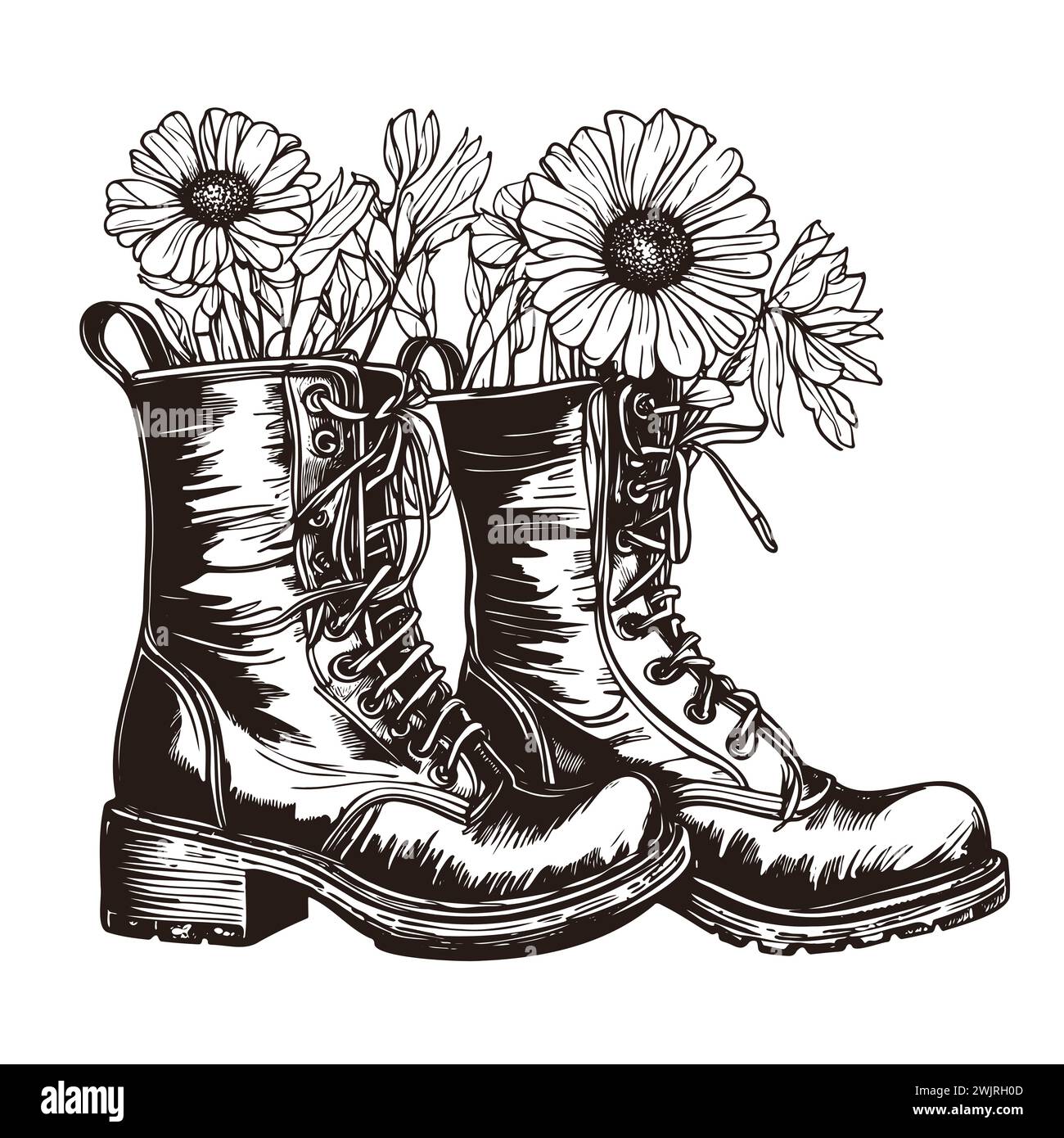 Detailed vector hand drawn illustrations set. Beautiful flowers in old ...
