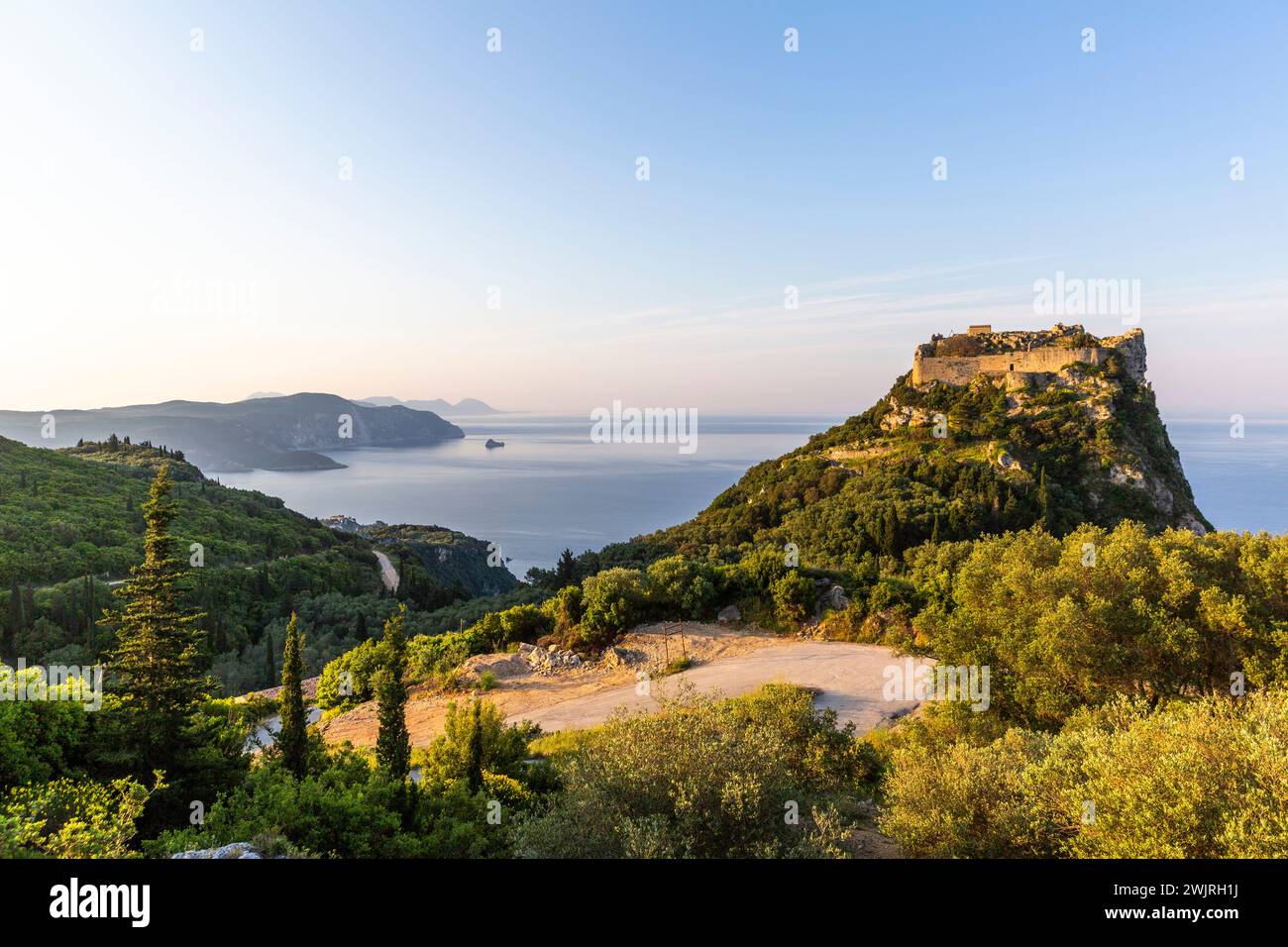 Front view of a Byzantine Angelokastro castle on the island of Corfu ...