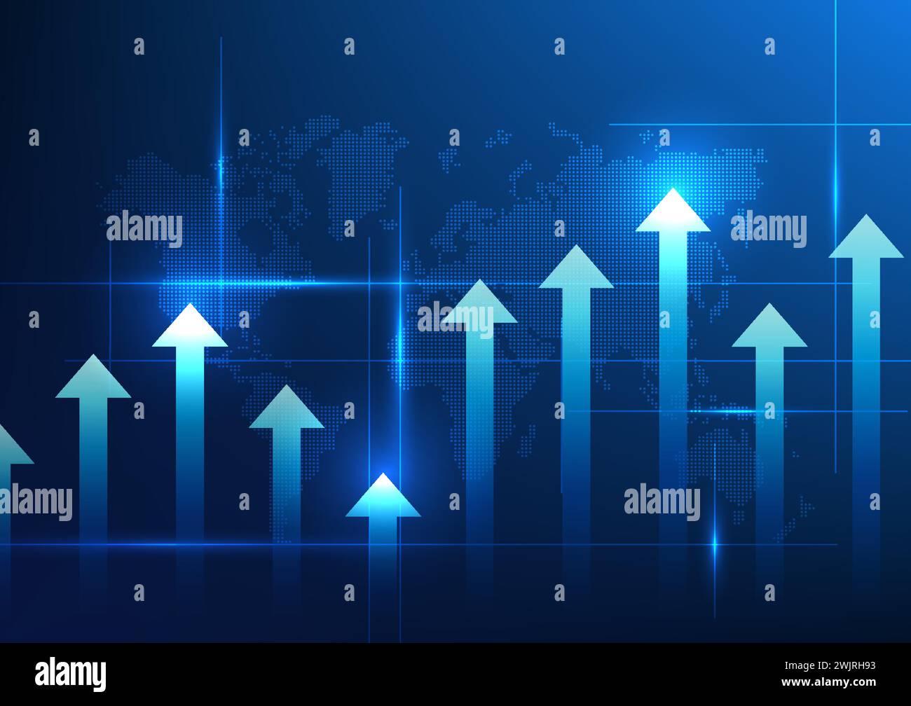 Technology background with many arrows rising towards the world map ...