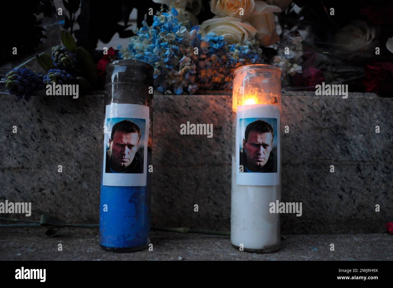 New York, United States. 16th Feb, 2024. Candles with photos of Alexei ...