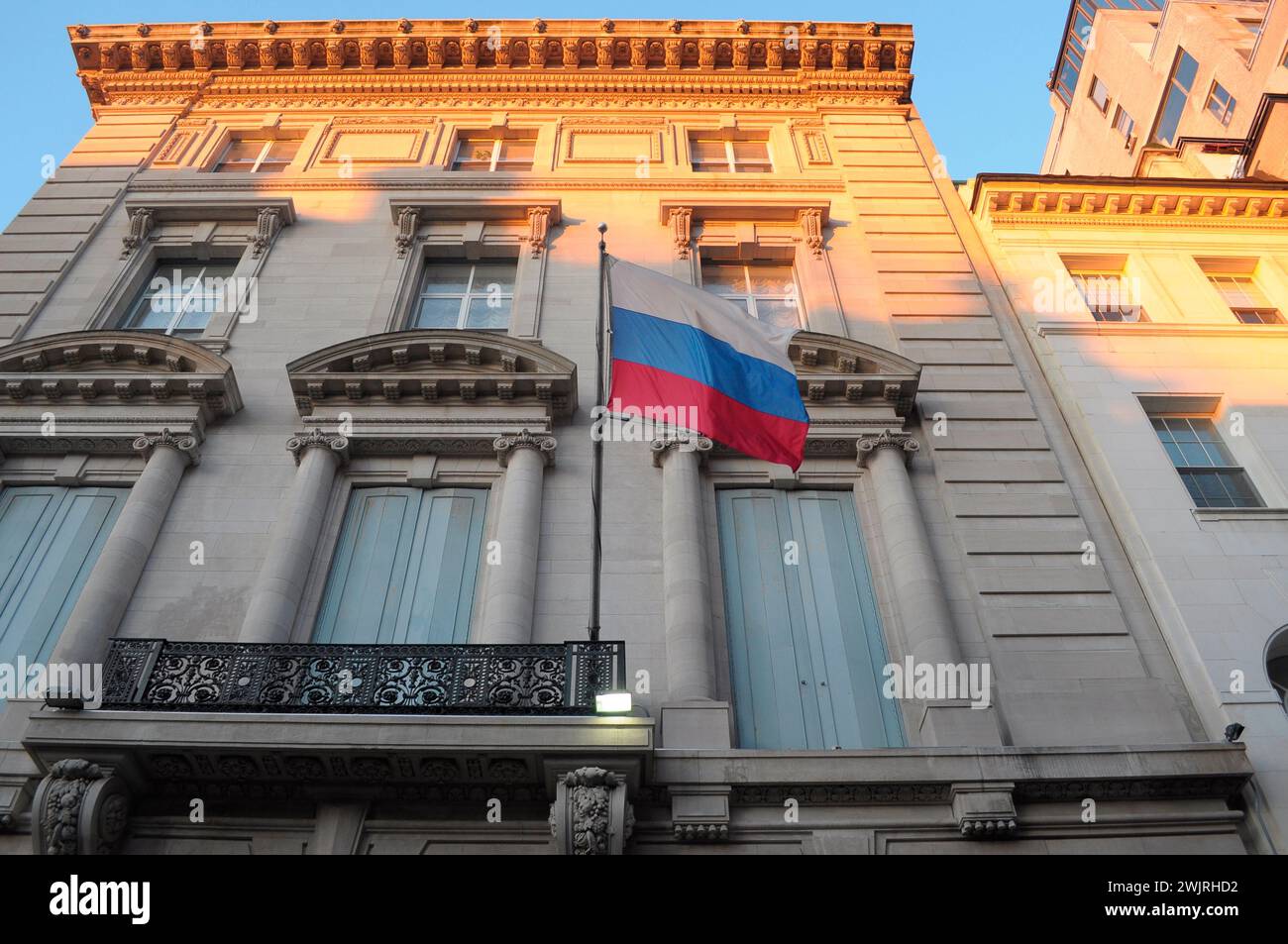 The Russian flag is seen hanging on the Consulate General of the Russian Federation in New York ...
