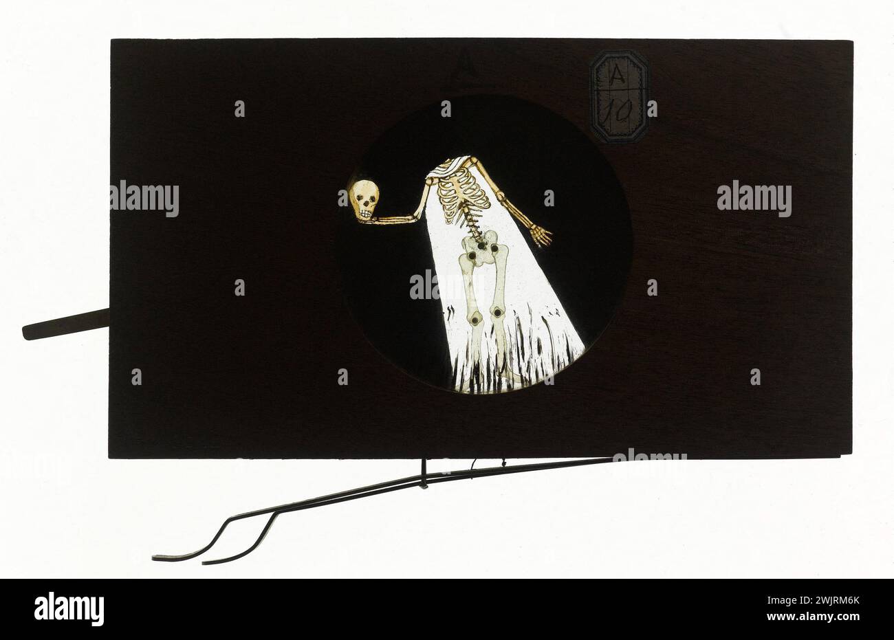 Magic lantern plaque representing a skeleton moving in a round setting ...