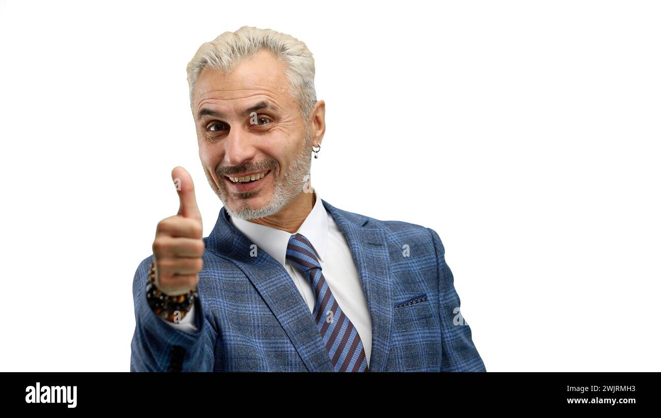 A man, close-up, on a white background, shows his thumbs up Stock Photo ...