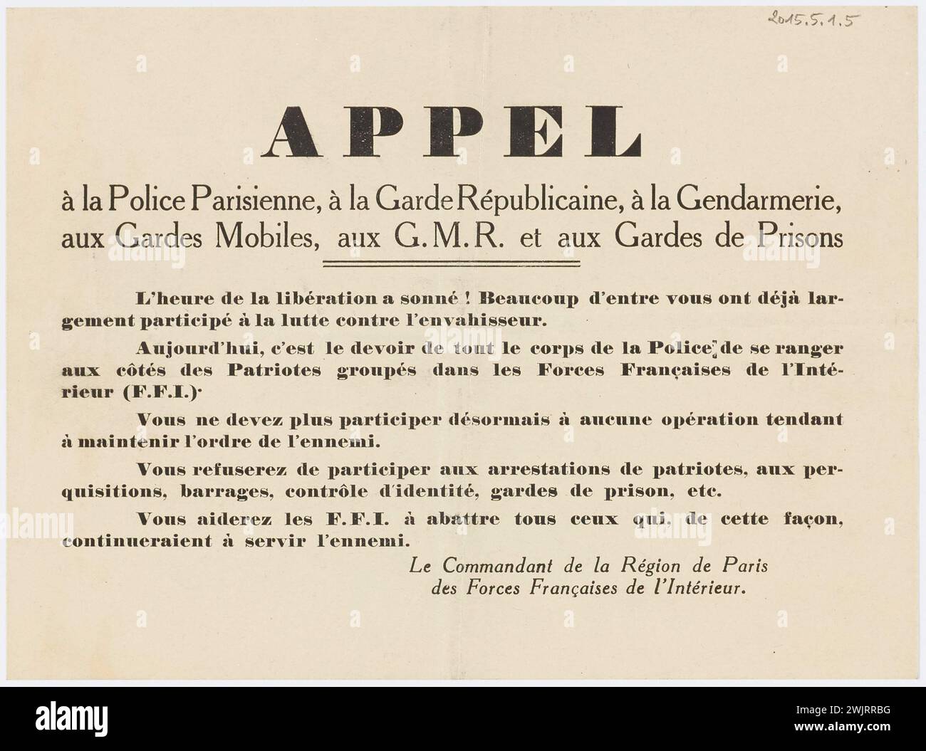 Rol-Tanguy, Henri, Colonel (n.1908-D.2002), appeal from the commander ...