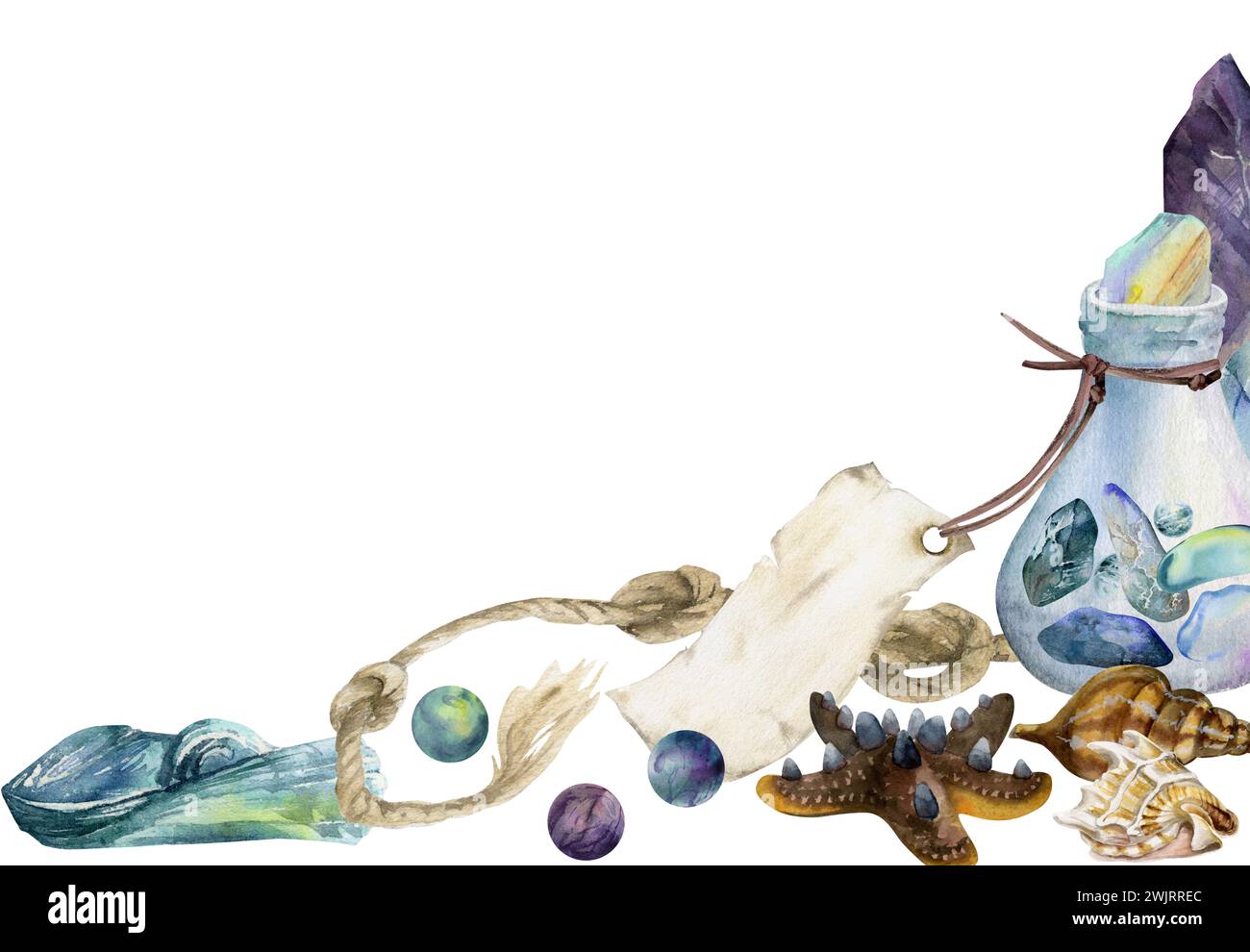 Hand drawn watercolor illustration sea witch altar objects. Glass vial ...
