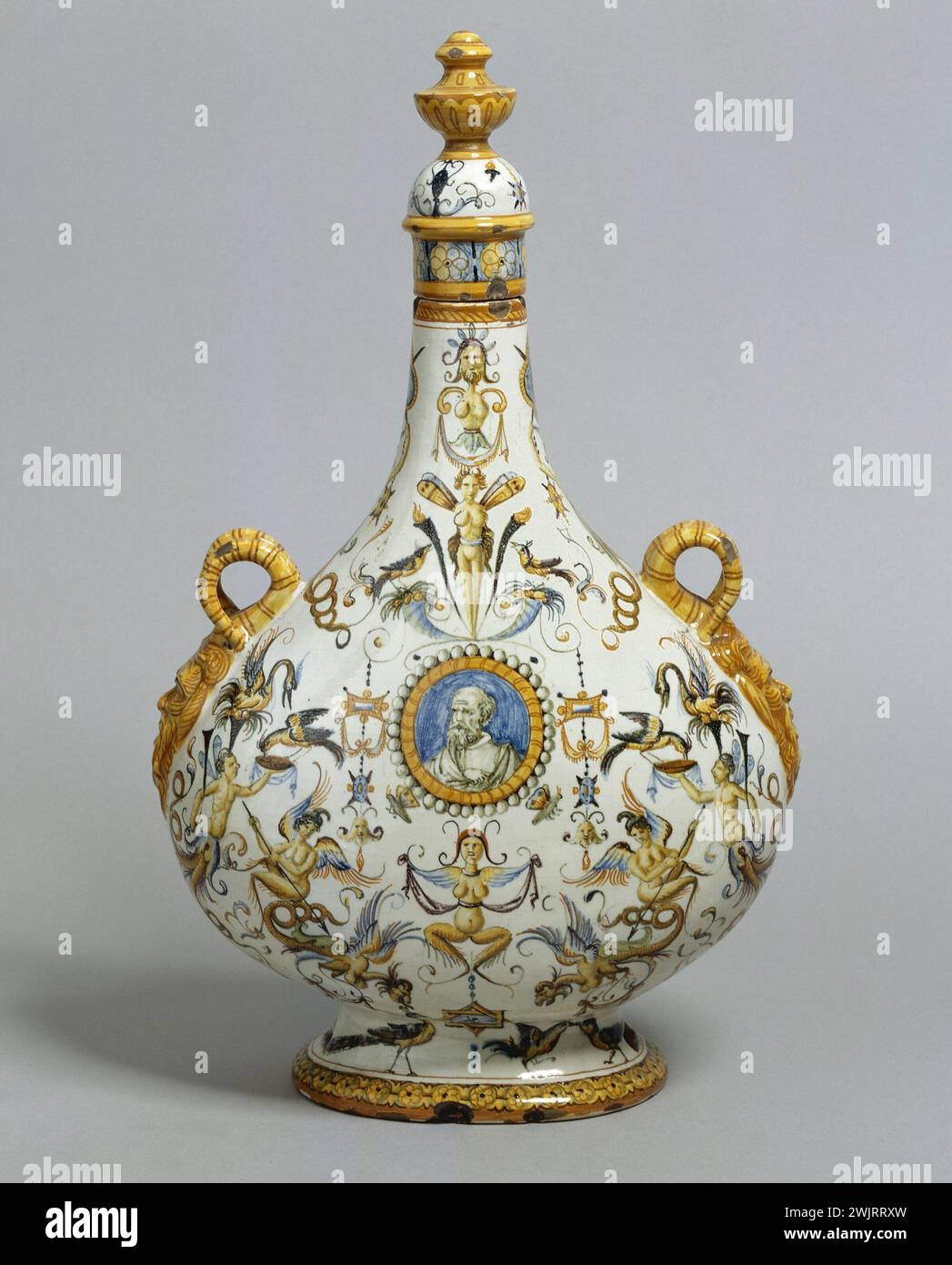 Gourd with his cap: busts of men in medallion, Italian majolica of ...