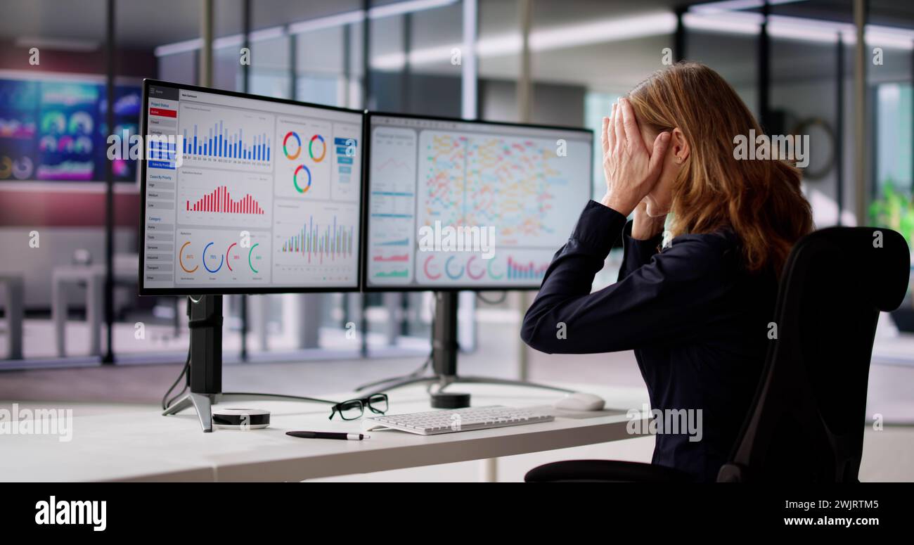 Unhappy Overwhelmed Business Woman Looking At Dashboard On Computer ...