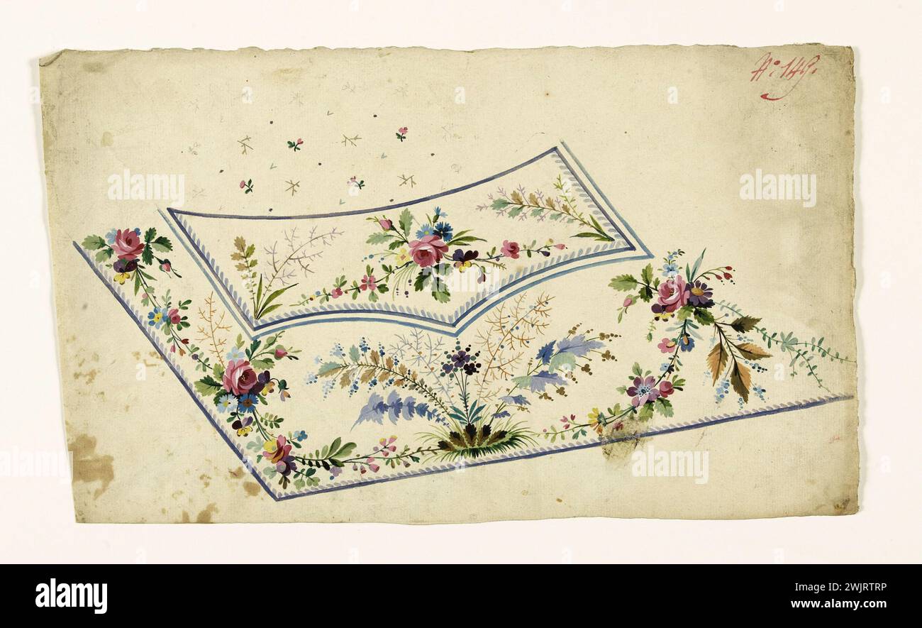 Anonymous. Embroidery drawing project. Pencil and gouache on a map ...