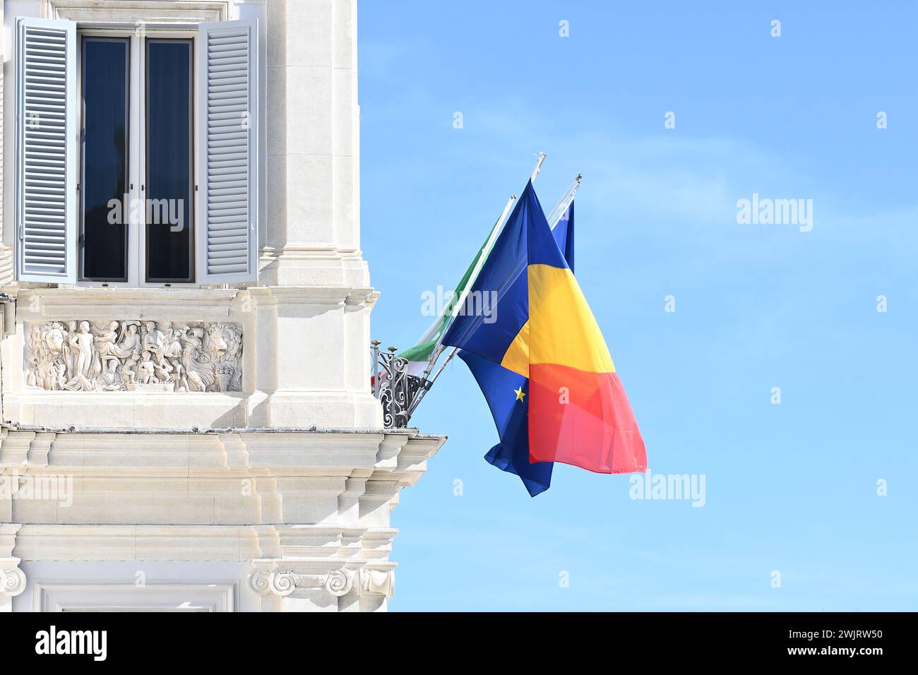 Rome, Italy. 15th Feb, 2024. The Romania Flag during the ...