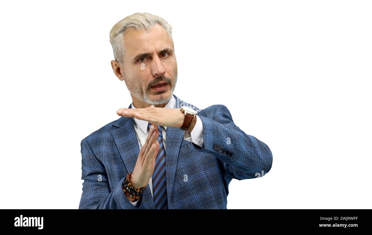 A man, close-up, on a white background, shows a pause sign Stock Photo ...
