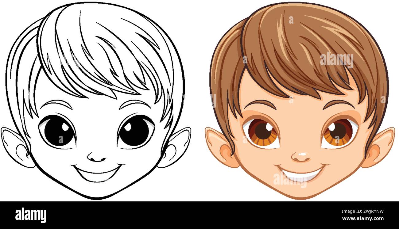 Two stages of a boy's face, line art and colored Stock Vector Image ...