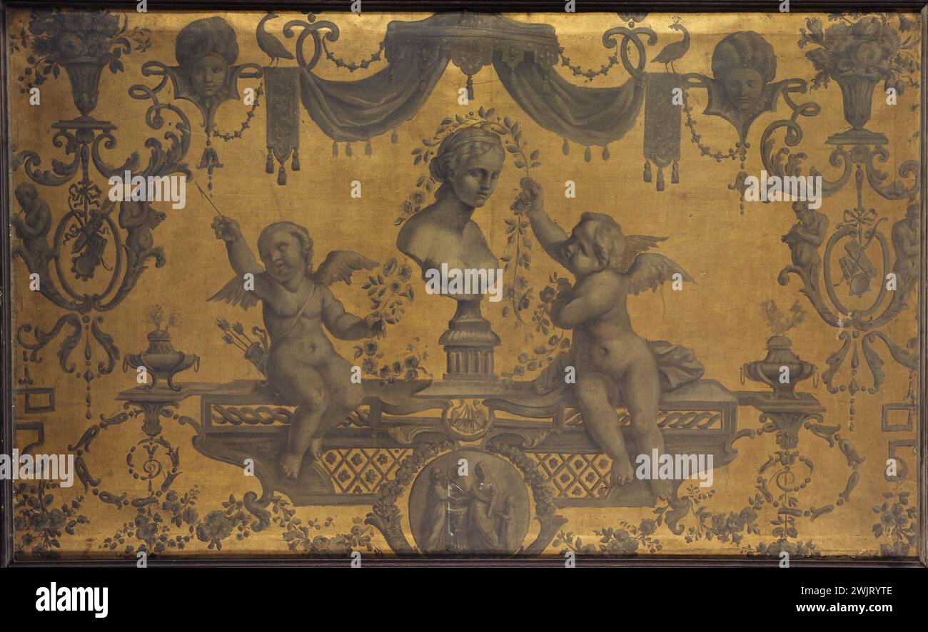 Anonymous. Grotesque decorative panel with two loves crowning a bust of ...
