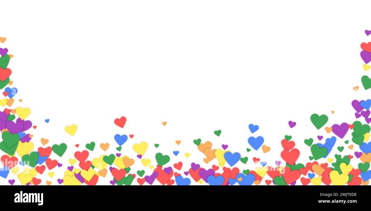 Heart confetti valentine overlay. Rainbow colored scattered hearts. LGBT valentine card. Joyfull ...