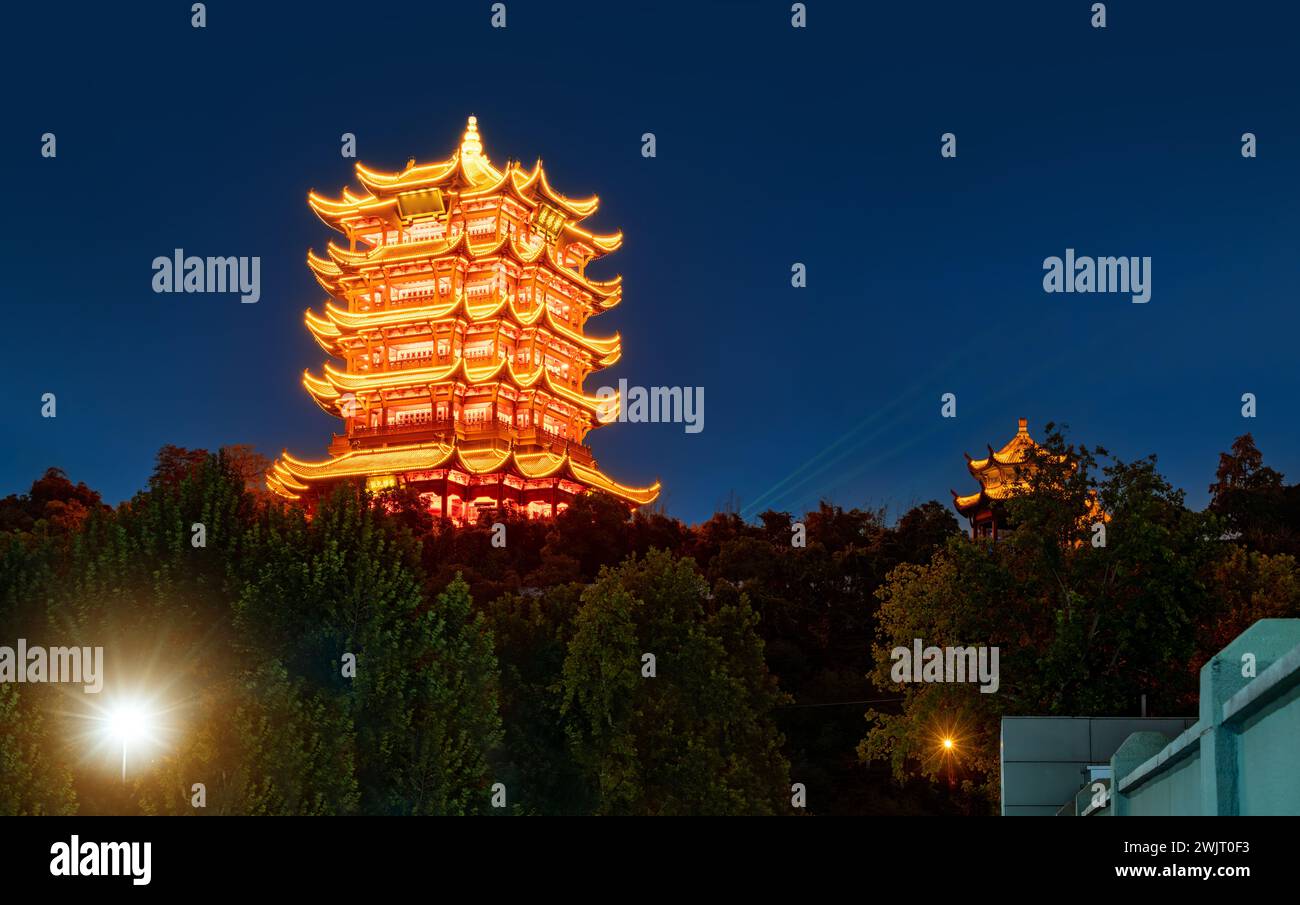 Yellow Crane Tower at twilight, the traditional Chinese multi-storey ...