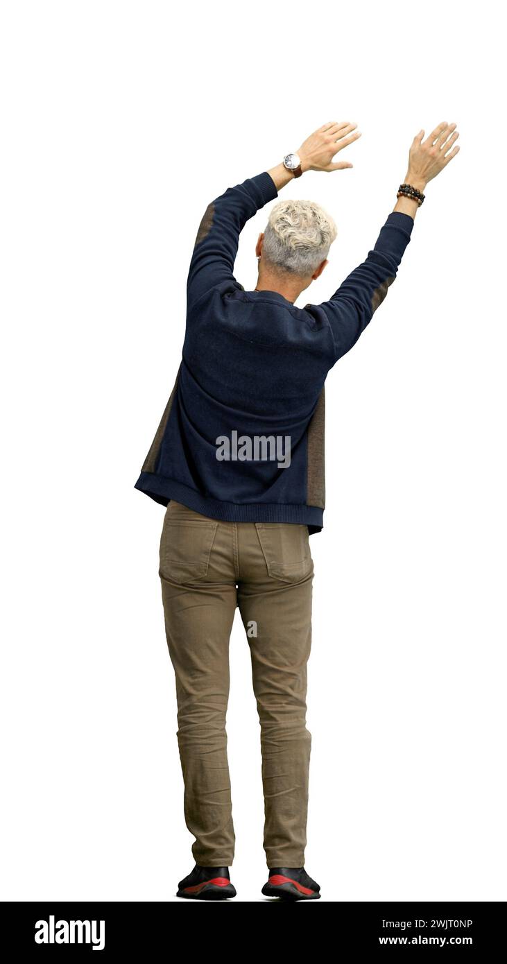 A man, full-length, on a white background, waving his arms Stock Photo ...