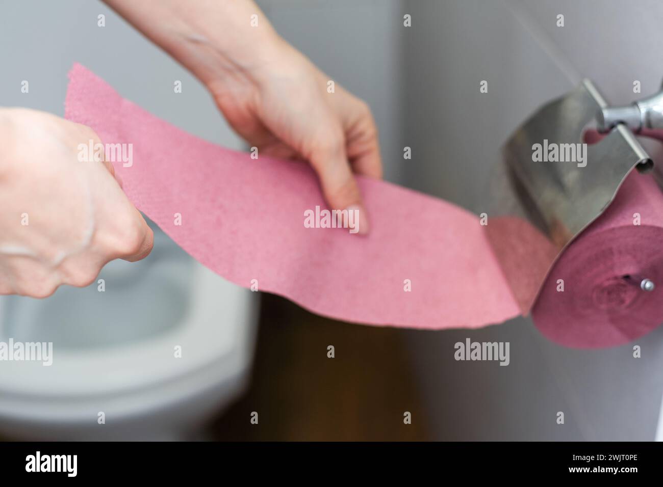 A female hand, woman holding a roll of pink toilet paper, digestive ...