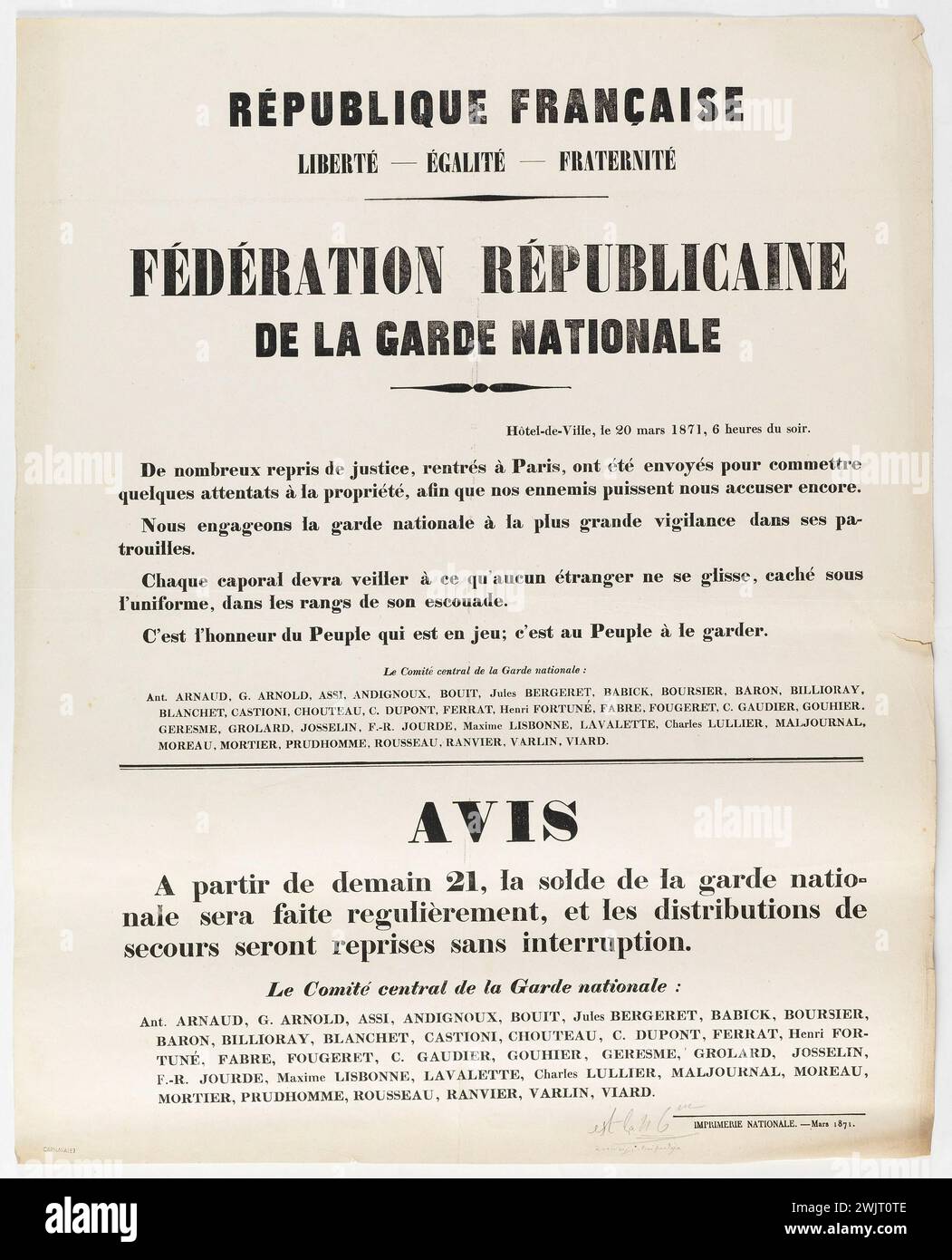 National printing. "French Republic, Liberte - Egalite - Fraternite ...