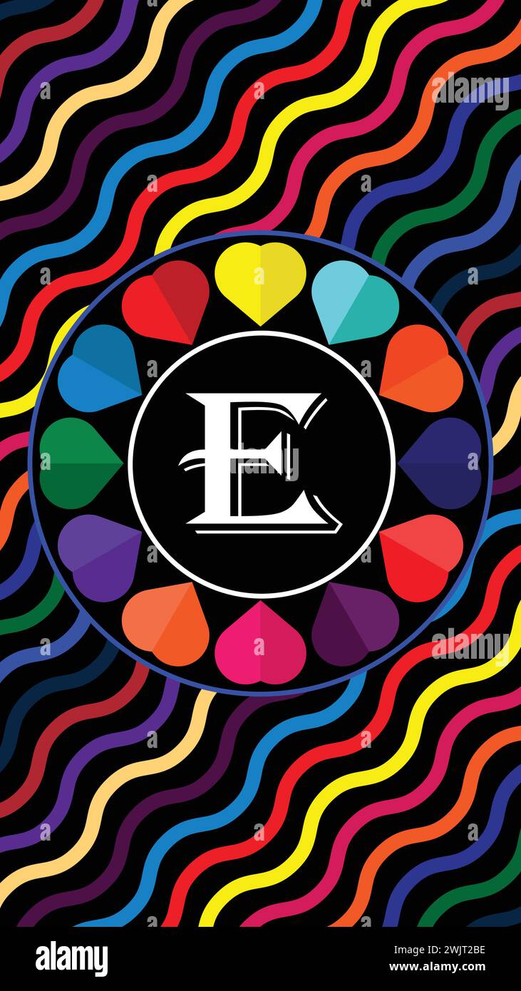 E letter in circle of colorful hearts with colorful wave pattern ...